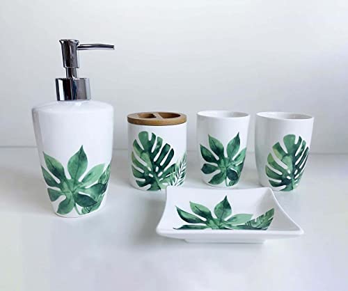 Green Tropical Bathroom Accessory Sets Sturdy Housewarming Gift 5 Pieces Ceramic Bath Accessories Collection Set Palm Tree Decor Toothbrush Holder Lotion Dispenser Soap Dish Tumbler (Green Tropical)