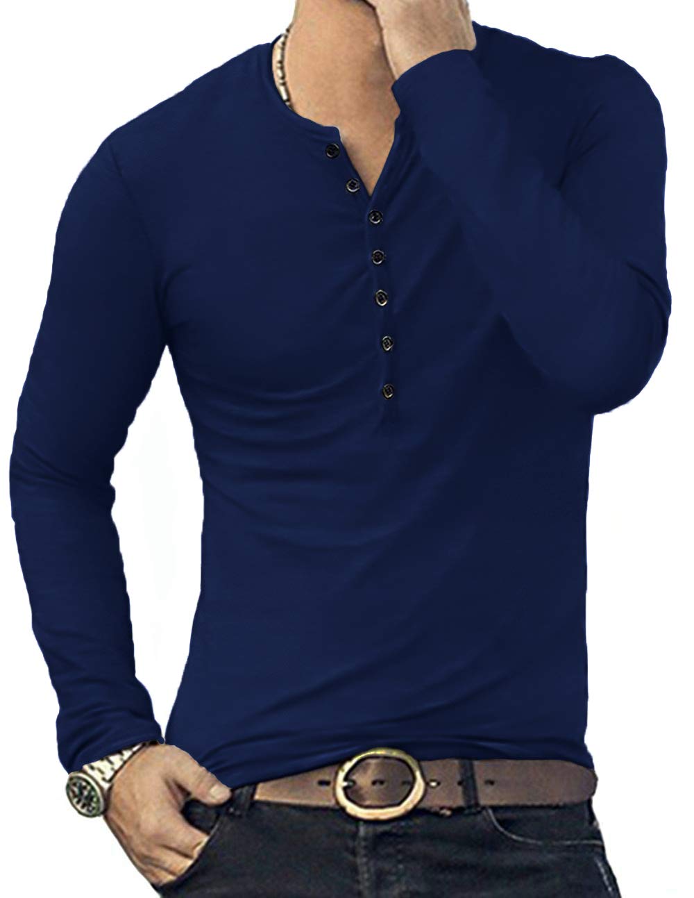 YTD Mens Casual Slim Fit Basic Henley Long Sleeve Fashion T-Shirt S Navy