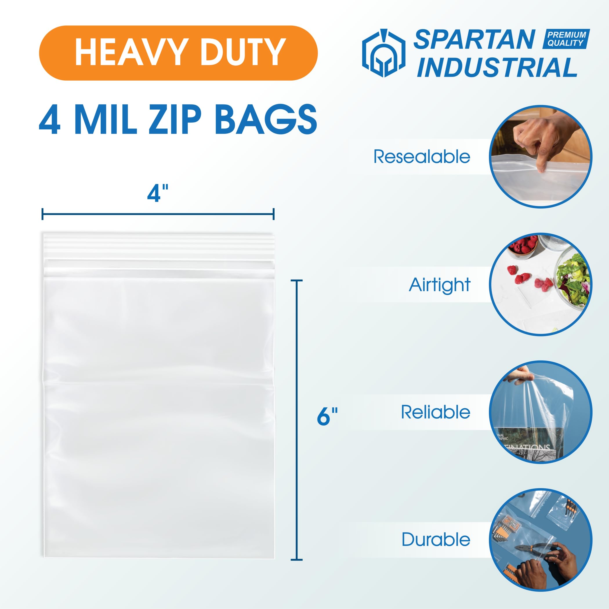 Spartan Industrial - 4β X 6β (1000 Count) 4 Mil Thick Clear Reclosable Zip Plastic Poly Bags with Resealable Lock Seal Zipper - Heavy Duty and Durable
