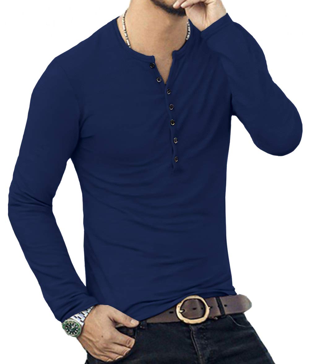 YTD Mens Casual Slim Fit Basic Henley Long Sleeve Fashion T-Shirt S Navy