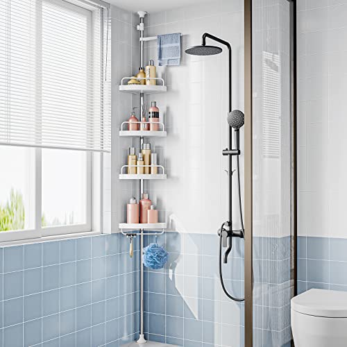 Corner Shower Caddy Tension Pole: Rust Proof 4Tier Shampoo Storage Organizer for Inside Shower - Telescoping Rod Shower Rack for Bathroom and Bathtub - Restroom Floor Standing Bath Rack Holder