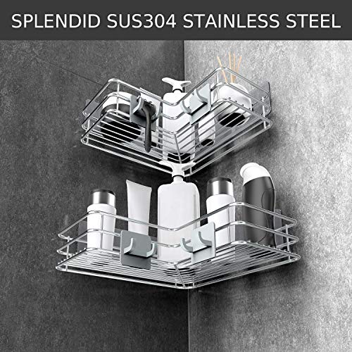 Nieifi Adhesive Corner Shower Caddy Shelf Basket Rack with Hooks, Rust Proof Stainless Steel Bathroom Shelf Shampoo Holder No Drilling 2 Pack