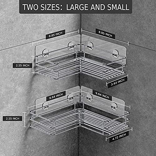 Nieifi Adhesive Corner Shower Caddy Shelf Basket Rack with Hooks, Rust Proof Stainless Steel Bathroom Shelf Shampoo Holder No Drilling 2 Pack