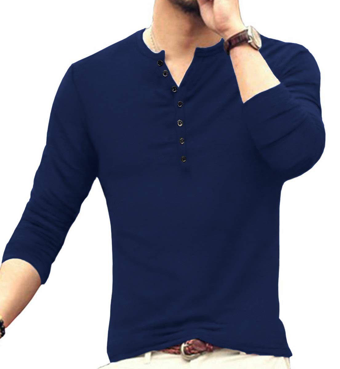 YTD Mens Casual Slim Fit Basic Henley Long Sleeve Fashion T-Shirt S Navy