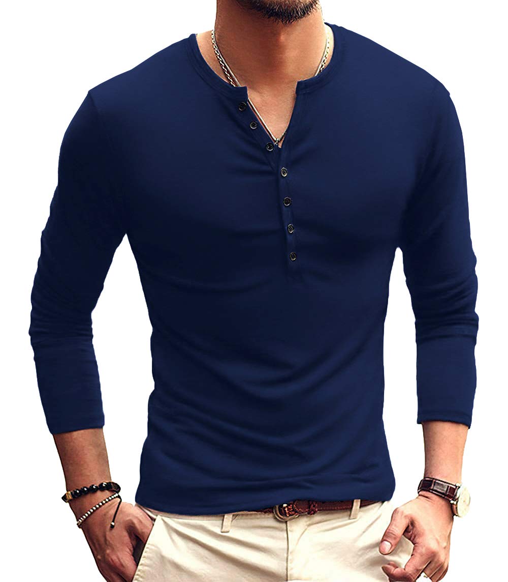 YTD Mens Casual Slim Fit Basic Henley Long Sleeve Fashion T-Shirt S Navy