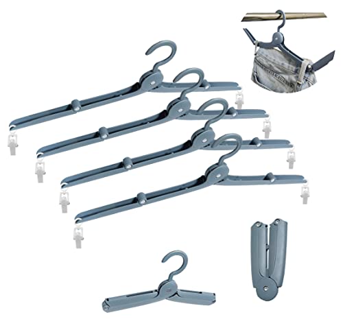 Fineget Travel Hangers Foldable Collapsible Plastic Hangers Portable Non Slip Clothes Hangers for Laundry Car Camping Blue/Gray Hangers Quick Drying (4 Pcs + 8 Clips)