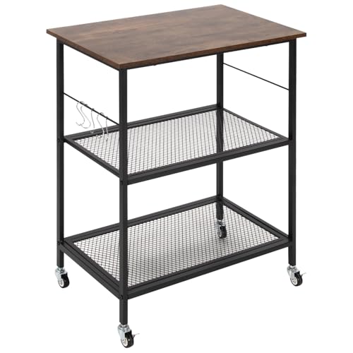 Giantex Microwave Cart 3-Tier W/Storage Shelf and Rolling Casters, Industrial Style Metal Frame for Kitchen, Living Room Accent Furniture for Living Room Rolling Serving Cart (Net-Brown)