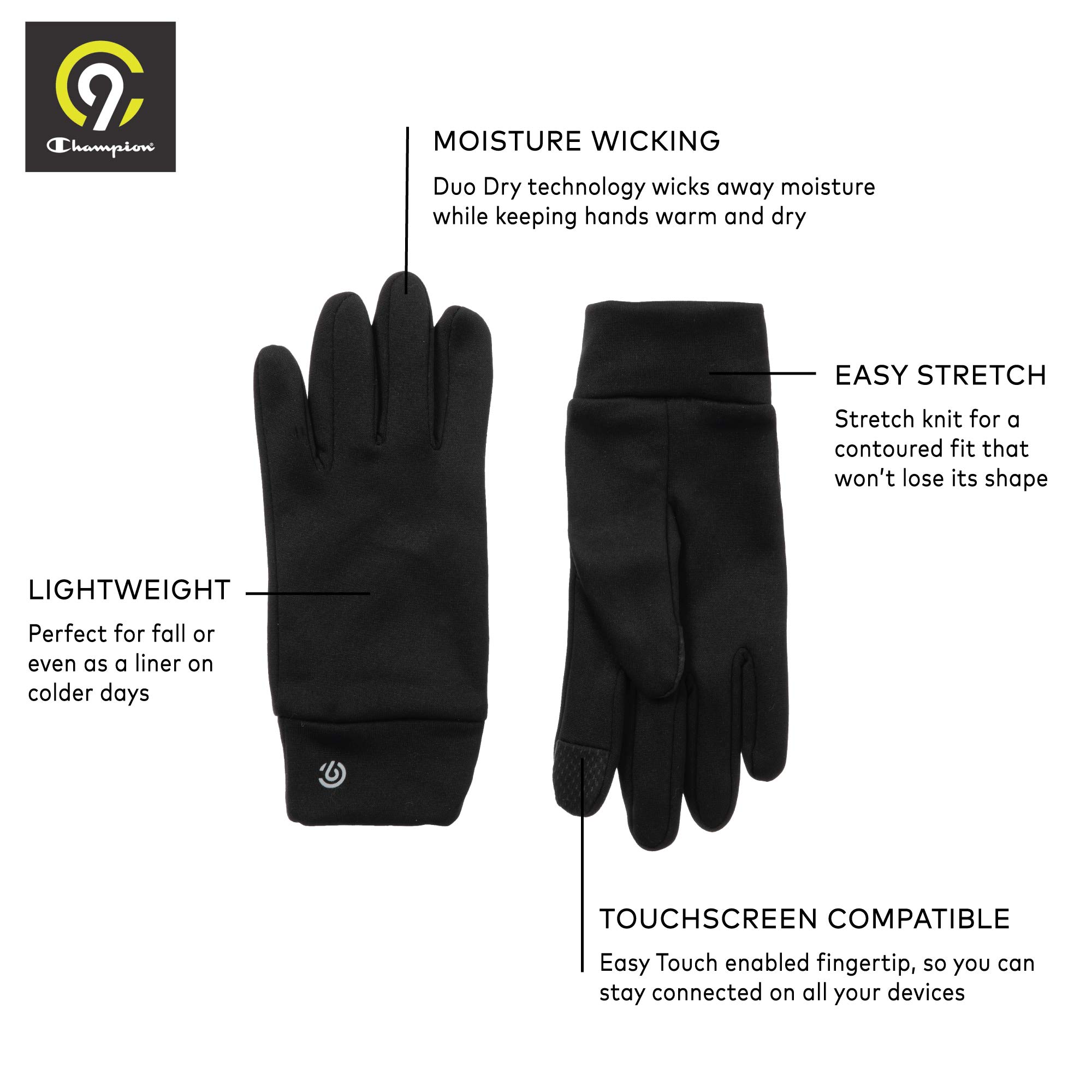 C9 Champion Kids' Machine Washable Lightweight Gloves, Touch Screen Friendly, Black, Boys' 8/16