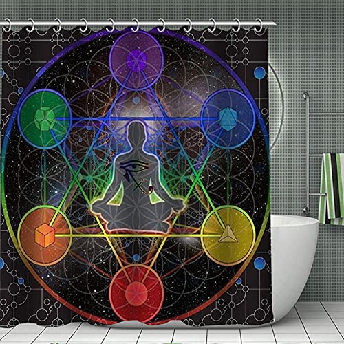 FFjingpu Colorful Chakras Shower Curtain Set Waterproof Washable Polyester Bath Curtain Anti-Slip Rugs Toilet Lid Cover Bath Mat Set(71X71Inch)