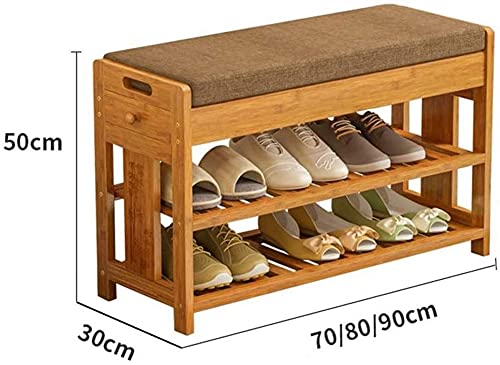 llibnn 2-Tier Bamboo Shoe Bench Holder with Seat Cushion Heavy Duty Shoe Storage Organizer with Drawer for Closet Entryway Hallway (Size : 70cm) (Size : 70cm)