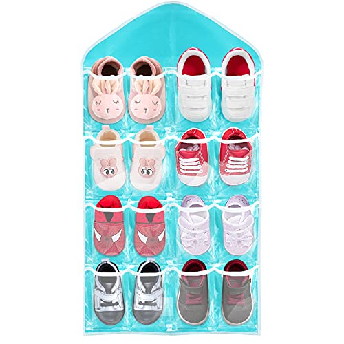 Baby Hanging Shoe Organizers,16 Pockets Over The Door Shoe Organizer For Kids,Clear Over Wall Hanging Closet Storage Bag For infant Socks, Toys, Jewelry Accessories(5 Pack,5 Colors) 28.7"X16.5"