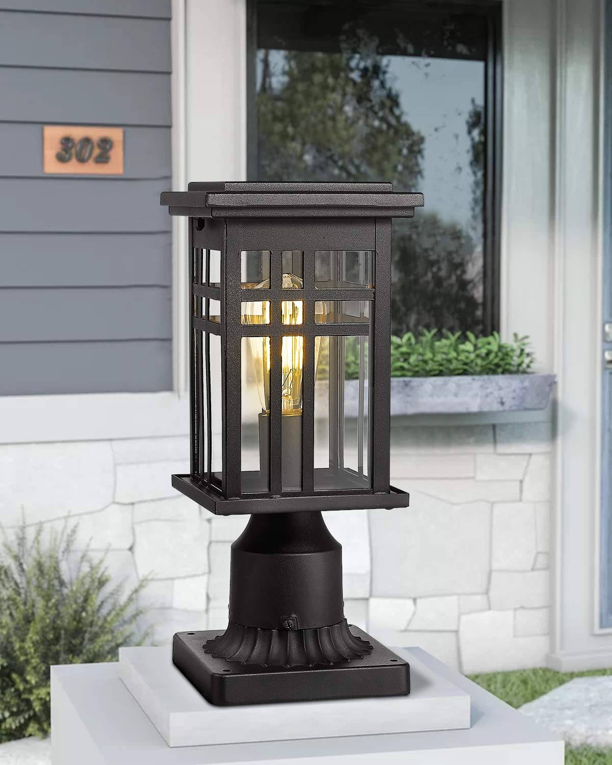 zeyu Exterior Post Light, Outdoor Pole Lantern Pillar Light Fixture with Clear Glass Shade and Black Finish, 20068-P BK