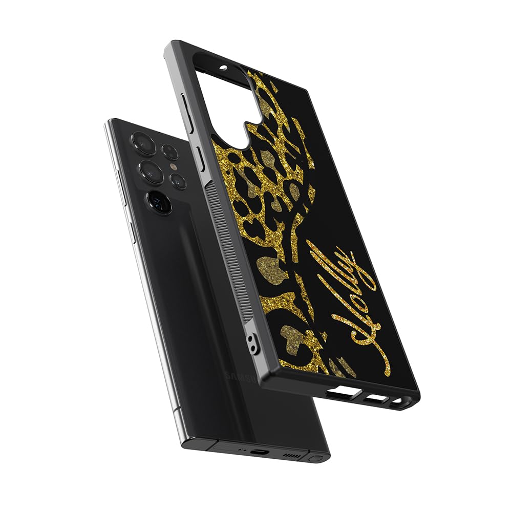 Leopard Gold Personalized Black Rubber Phone Case Compatible With Samsung Galaxy S25 S25+ S25 Ultra S24 S24+ S24 Ultra S24FE, S23 FE S23+ Ultra S22 S22+