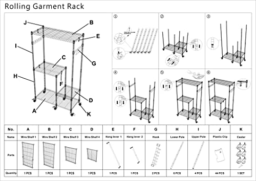 uyoyous 3 Tier Rolling Clothing Rack 73 X 40 Inch Wire Heavy Duty Clothes Rack with Locked Wheels and Side Hooks Rolling Garment Rack Closet Organizer for Bedroom