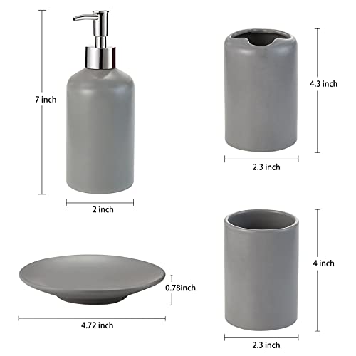 Ceramic Bathroom Accessories Set 5 Pieces, Grey Bathroom Accessory Set Complete, Lotion Dispenser Toothbrush Holder 2 Tumblers Soap Dish Classic Grey Matte for Bath Countertop Organizer Decor, SAIURE