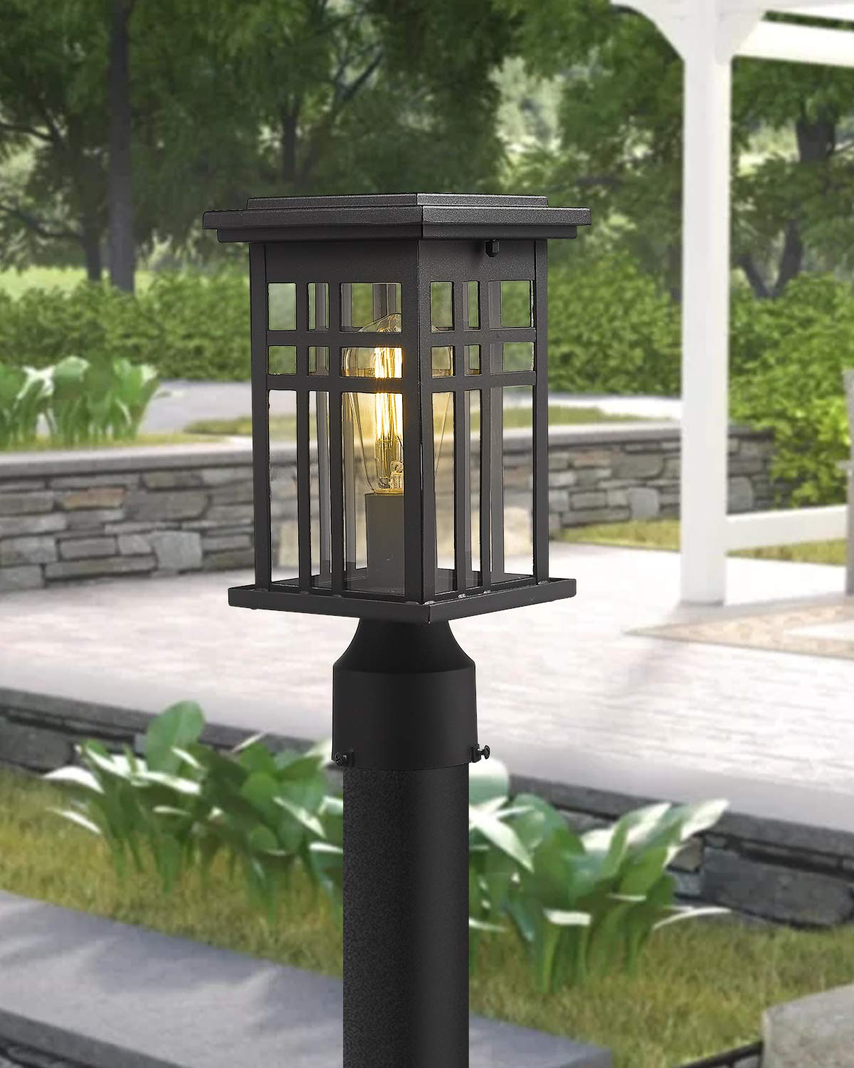 zeyu Exterior Post Light, Outdoor Pole Lantern Pillar Light Fixture with Clear Glass Shade and Black Finish, 20068-P BK