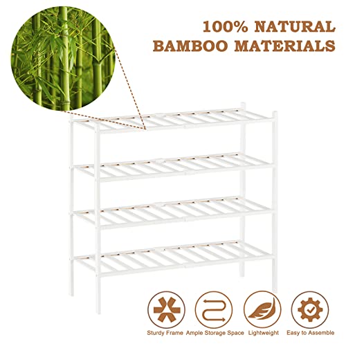quiqear Bamboo Shoe Rack, 4 Tier Shoe Rack Organizer, Stackable & Durable Shoe Shelf Holder, Free Standing Shoe Racks, Shoe Storage Organizer for Entryway, Closet, Hallway (White)