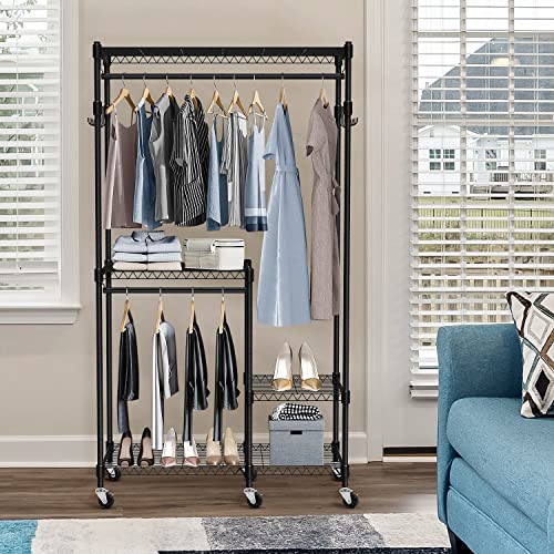 uyoyous 3 Tier Rolling Clothing Rack 73 X 40 Inch Wire Heavy Duty Clothes Rack with Locked Wheels and Side Hooks Rolling Garment Rack Closet Organizer for Bedroom