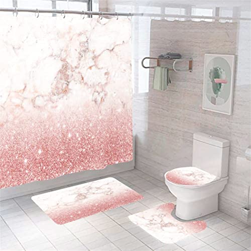Vivianbuy 4 Piece Bling Marble Shower Curtains Sets with Non-Slip Rugs, Toilet Lid Cover and Bath Mat, Bathroom Sets with Shower Curtain and Rugs and Accessories