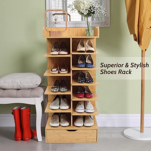TQVAI 6 Tier Shoe Rack, Wood Shoe Organizer with Drawer, Tall Shoe Storage Rack for Entryway, Bamboo Color