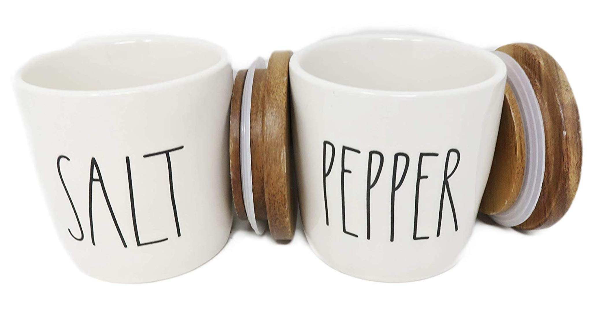 Rae Dunn SALT & PEPPER Cellars with Wood Lids - Ceramic with Large Lettering