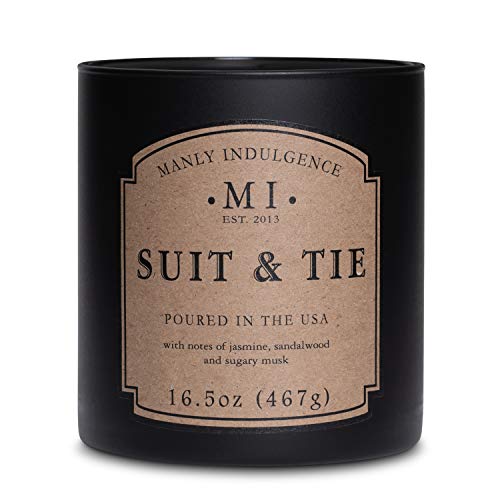 Manly Indulgence Suit & Tie Scented Jar Candle, Cotton Wick, Premium Soy Blend White Wax, 60 hr Burn, Matte Black Jar Candle for Home and Men, 16.5 oz - USA Poured