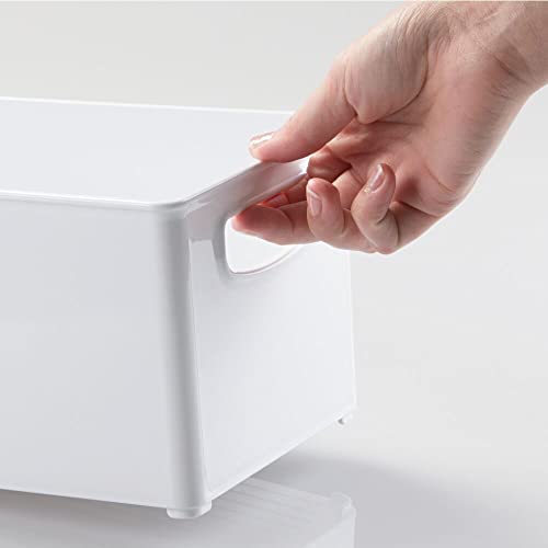 mDesign Plastic Storage Organizer Wide Container Bin with Handles for Bathroom, Home Organization - Holds Vitamins, Supplements, Makeup, Styling Tools - Ligne Collection - 4 Pack - White