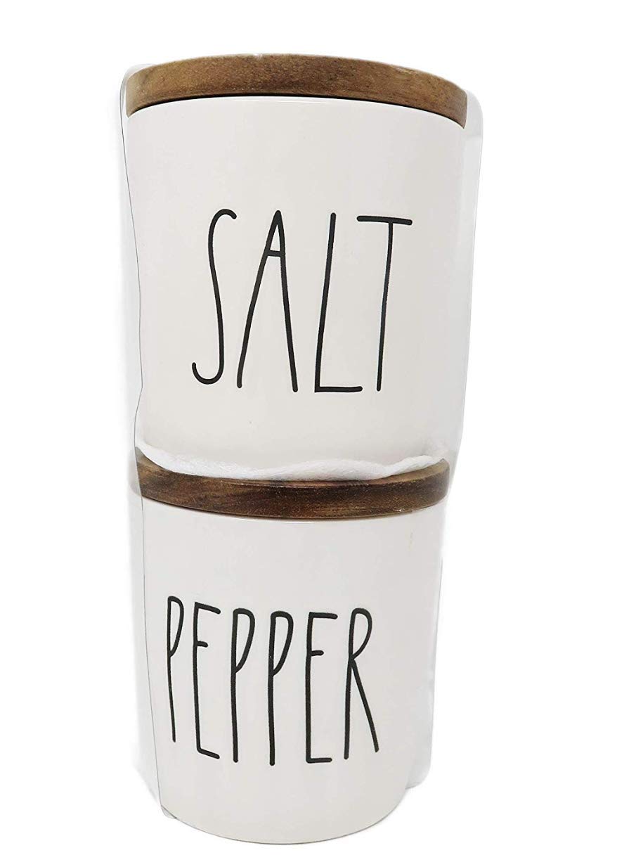 Rae Dunn SALT & PEPPER Cellars with Wood Lids - Ceramic with Large Lettering