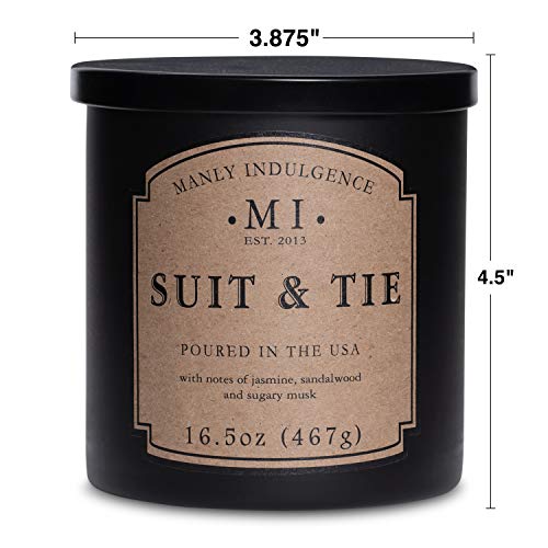 Manly Indulgence Suit & Tie Scented Jar Candle, Cotton Wick, Premium Soy Blend White Wax, 60 hr Burn, Matte Black Jar Candle for Home and Men, 16.5 oz - USA Poured