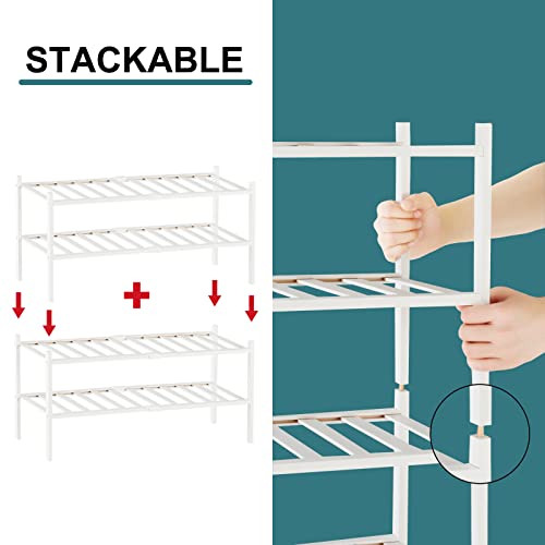 quiqear Bamboo Shoe Rack, 4 Tier Shoe Rack Organizer, Stackable & Durable Shoe Shelf Holder, Free Standing Shoe Racks, Shoe Storage Organizer for Entryway, Closet, Hallway (White)