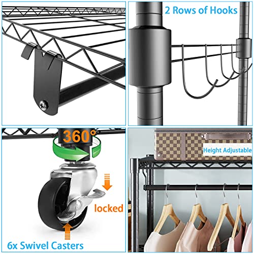 uyoyous 3 Tier Rolling Clothing Rack 73 X 40 Inch Wire Heavy Duty Clothes Rack with Locked Wheels and Side Hooks Rolling Garment Rack Closet Organizer for Bedroom