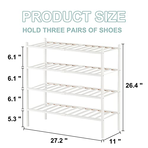 quiqear Bamboo Shoe Rack, 4 Tier Shoe Rack Organizer, Stackable & Durable Shoe Shelf Holder, Free Standing Shoe Racks, Shoe Storage Organizer for Entryway, Closet, Hallway (White)