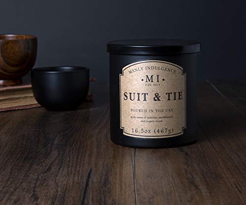 Manly Indulgence Suit & Tie Scented Jar Candle, Cotton Wick, Premium Soy Blend White Wax, 60 hr Burn, Matte Black Jar Candle for Home and Men, 16.5 oz - USA Poured