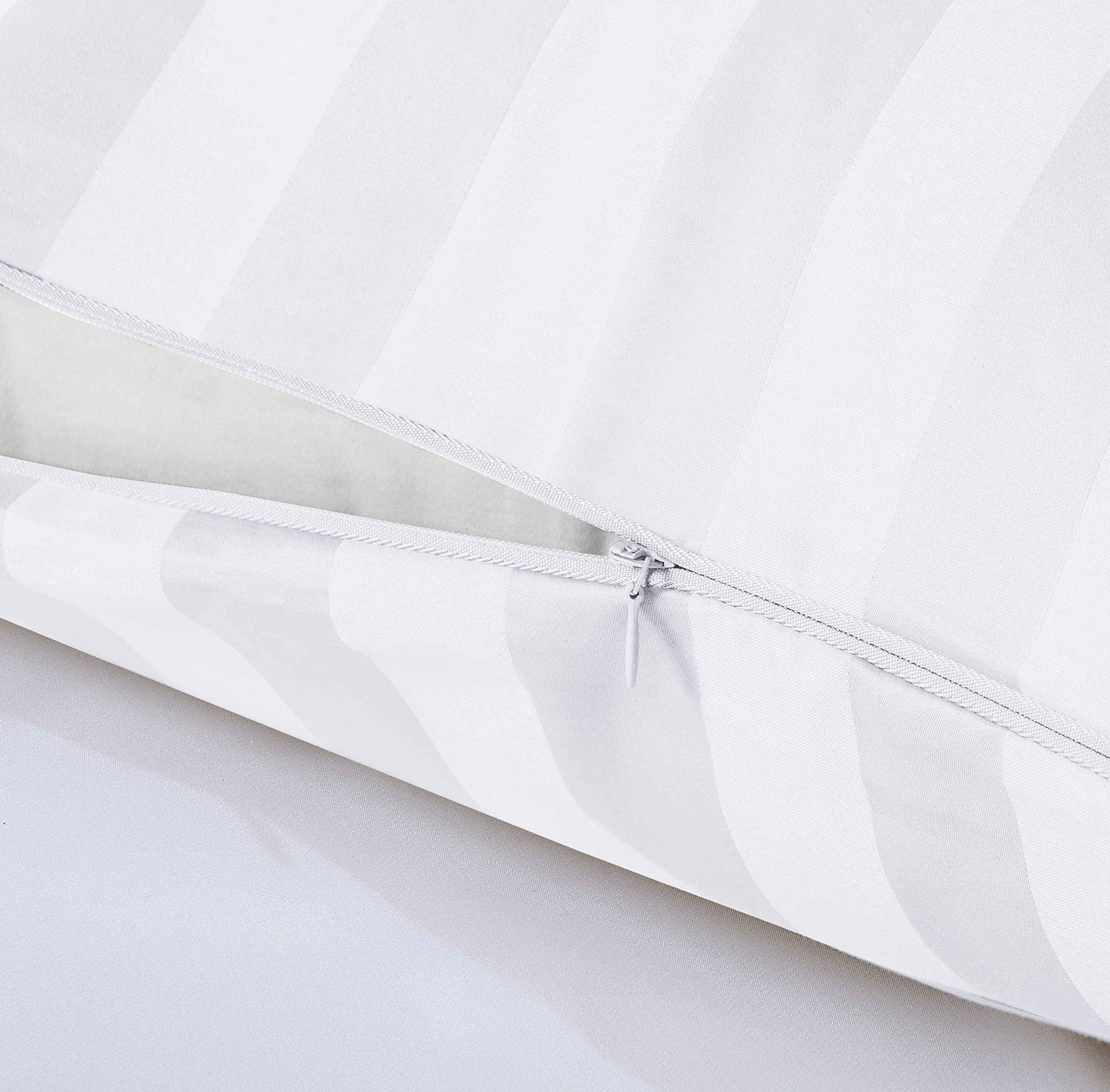 100% Egyptian Cotton Standard Pillow Protectors Set of 2, 400 Thread Count Sateen Weave Cooling Pillowcase, Easy Care Zippered Style Pillow Covers (Stripe-White, Standard)