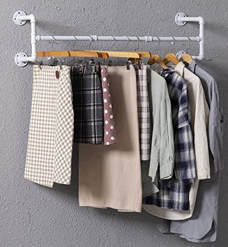 YLFAHXP Industrial Pipe Clothes Rack, Heavy Duty Detachable Wall Mounted Iron Garment Bar, Multi-purpose Clothing Rack Hanging Rod Organizer for Closet Storage (White)