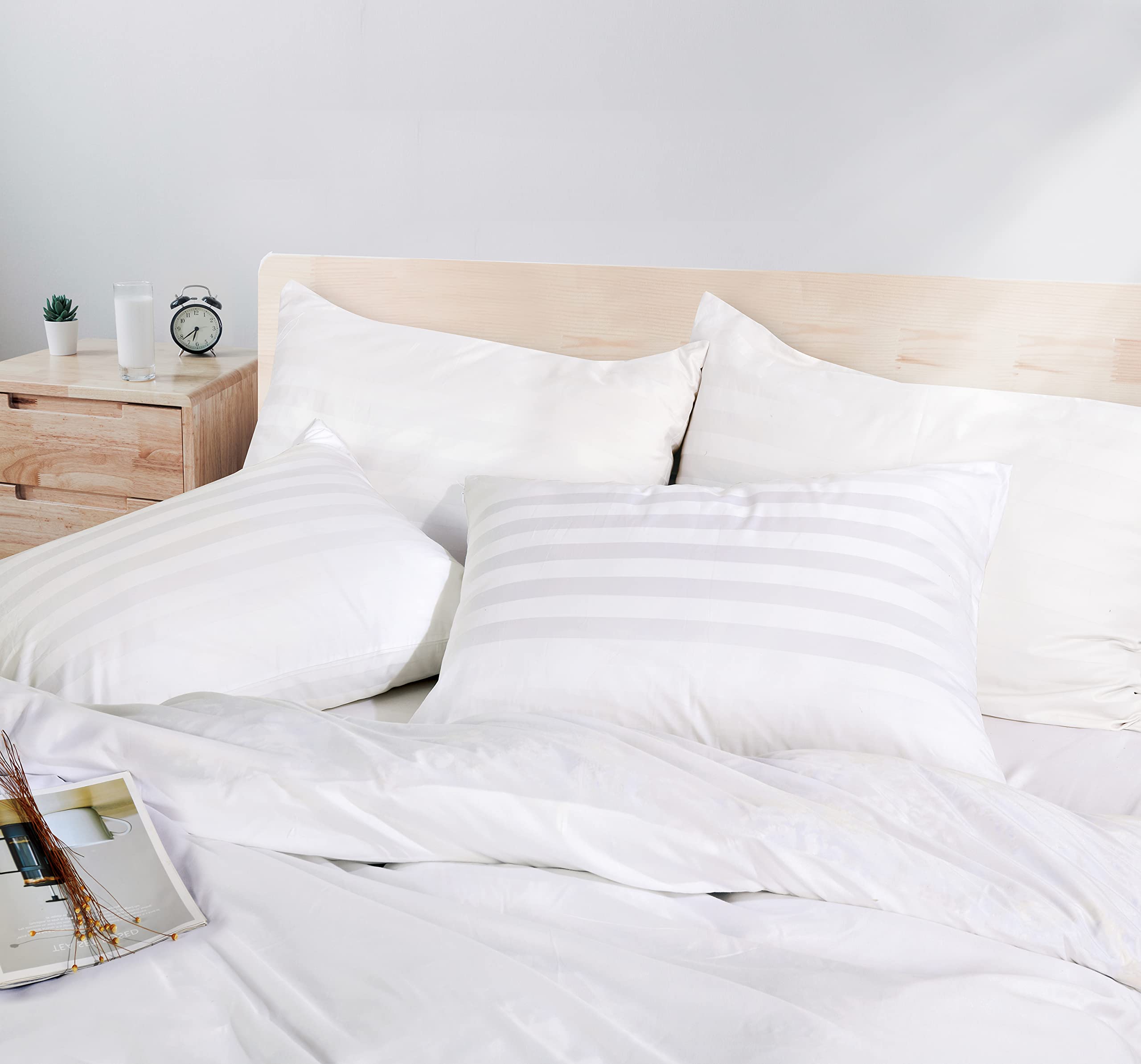 100% Egyptian Cotton Standard Pillow Protectors Set of 2, 400 Thread Count Sateen Weave Cooling Pillowcase, Easy Care Zippered Style Pillow Covers (Stripe-White, Standard)