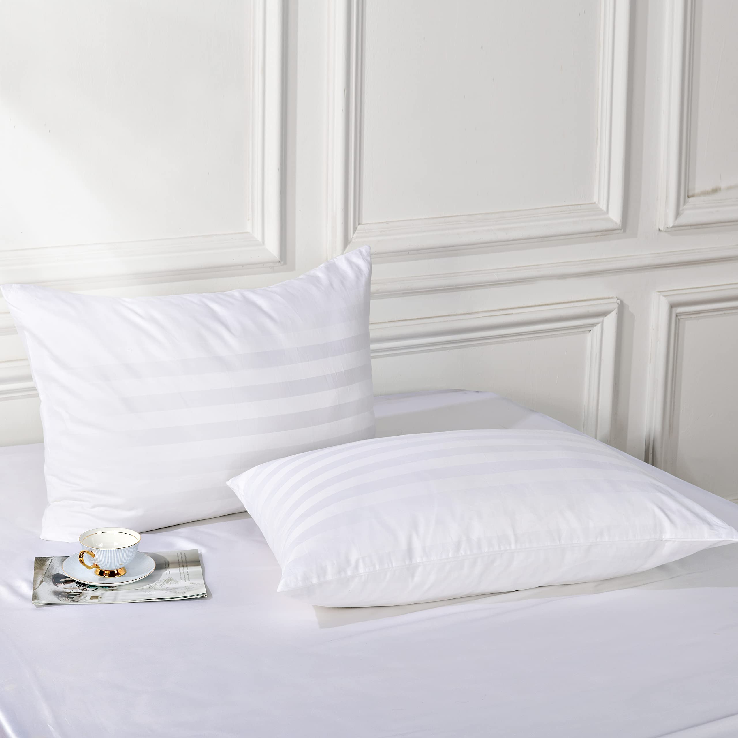 100% Egyptian Cotton Standard Pillow Protectors Set of 2, 400 Thread Count Sateen Weave Cooling Pillowcase, Easy Care Zippered Style Pillow Covers (Stripe-White, Standard)