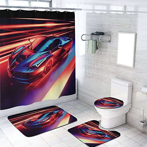4 Piece Shower Curtain Sets Racing Extreme Sports Speed Games Automobile with Non-Slip Rugs Toilet Lid Cover and Bath Mat Bathroom Decor Set 72" x 72"