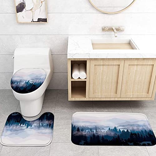 DDQQ 4Pcs Misty Mountain Shower Curtain Sets Dark Blue Tree Bathroom Set Decor with Non-Slip Rugs Bath U-Shaped Mat Toilet Lid Cover Woodland Nature Bathroom Curtains Shower Set with 12 Hooks