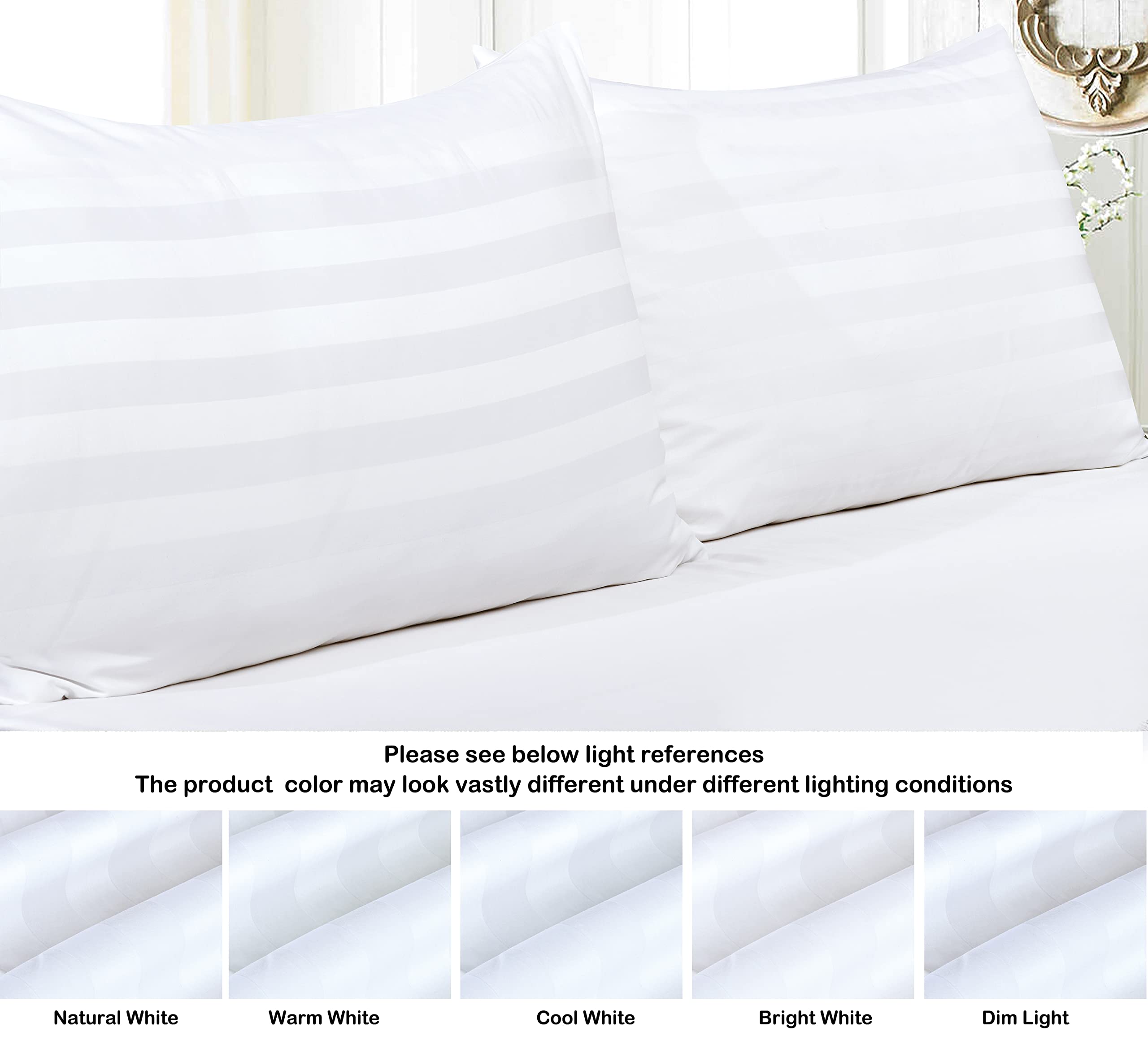 100% Egyptian Cotton Standard Pillow Protectors Set of 2, 400 Thread Count Sateen Weave Cooling Pillowcase, Easy Care Zippered Style Pillow Covers (Stripe-White, Standard)