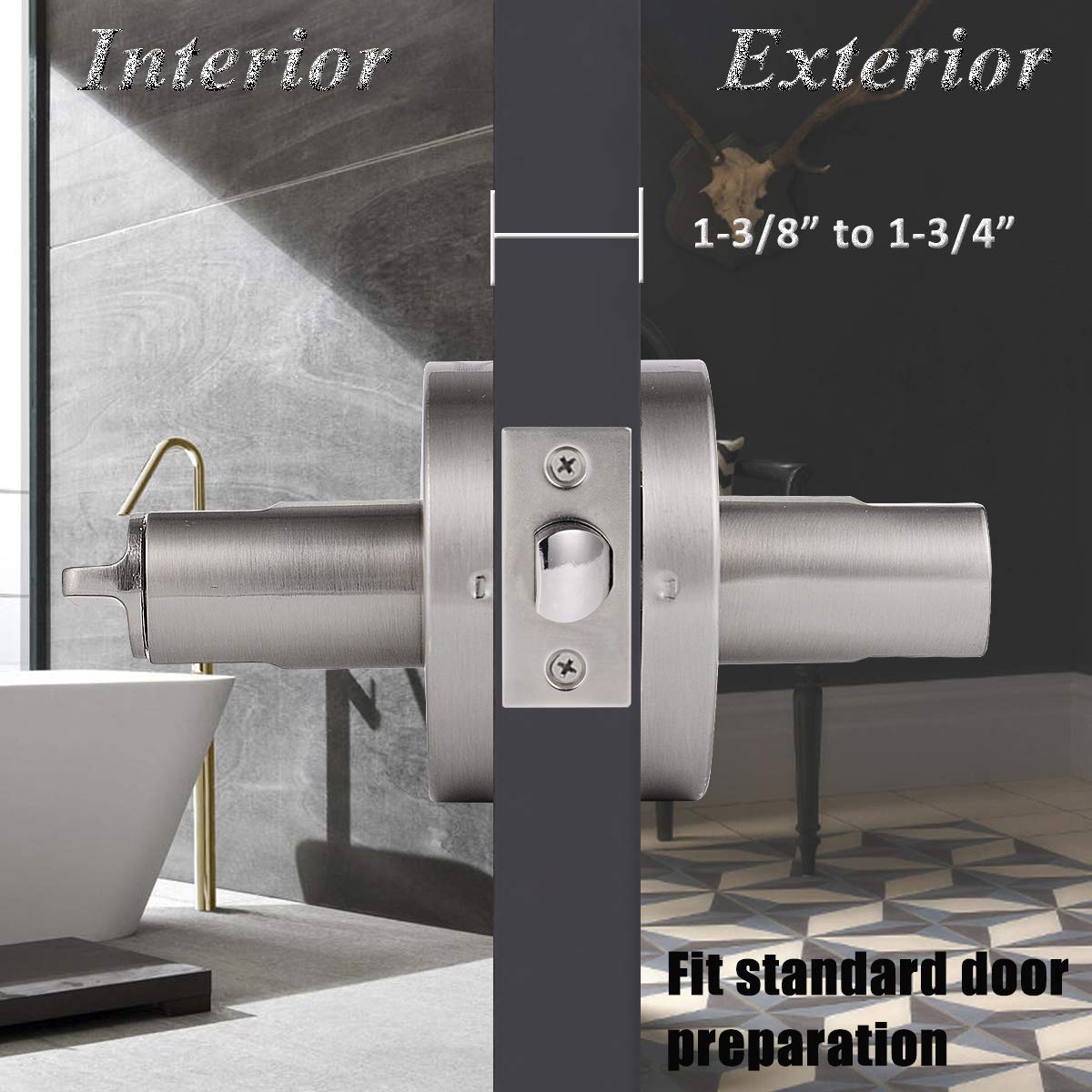 Probrico Satin Nickel Privacy Door Levers, Flat Interior Bath/Bed Door Handles, Reversible for Right & Left Handed Bedroom/Bathroom Doors, 5 Pack