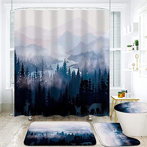 DDQQ 4Pcs Misty Mountain Shower Curtain Sets Dark Blue Tree Bathroom Set Decor with Non-Slip Rugs Bath U-Shaped Mat Toilet Lid Cover Woodland Nature Bathroom Curtains Shower Set with 12 Hooks