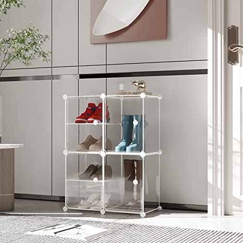 Annualring 8-Cube Stackable Shoe Organizer Clear Plastic Shoe Storage Rack Durable Modular Shoe Cabinet with Door Display Box Shoe Container Clear Closet Shelf Shoe Organizer
