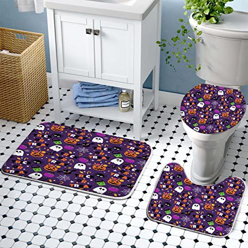4PC Purple Halloween Bathroom Shower Curtain Sets, Pumpkin Ghost bat Bathroom Sets, Sweet Candy Bathroom Sets with Rugs and Accessories ,for Bathroom Decoration