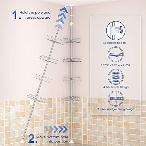 SEIRIONE Rustproof Shower Corner Caddy Organizer for Bathroom, Freestanding Tension Pole with 4 Baskets, for Bathtub Shampoo Storage, 56 to 114 Inch Height