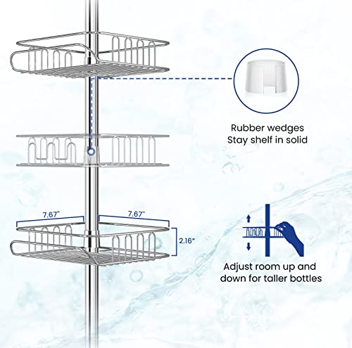 SEIRIONE Rustproof Shower Corner Caddy Organizer for Bathroom, Freestanding Tension Pole with 4 Baskets, for Bathtub Shampoo Storage, 56 to 114 Inch Height