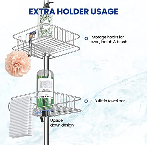 SEIRIONE Rustproof Shower Corner Caddy Organizer for Bathroom, Freestanding Tension Pole with 4 Baskets, for Bathtub Shampoo Storage, 56 to 114 Inch Height
