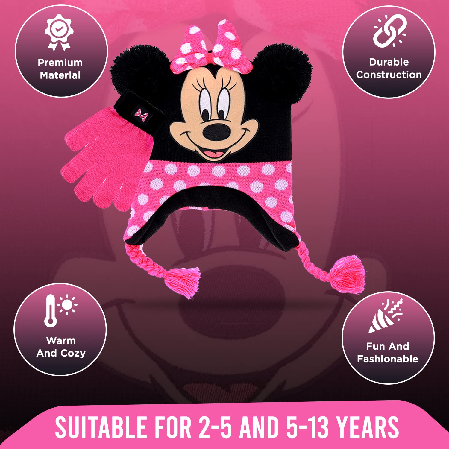 Disney Minnie Mouse Kid’s Winter Hat and Snow Gloves for Girls and Toddlers, 2 Pc. Set, Warm Fleece Lined Beanie with Bow