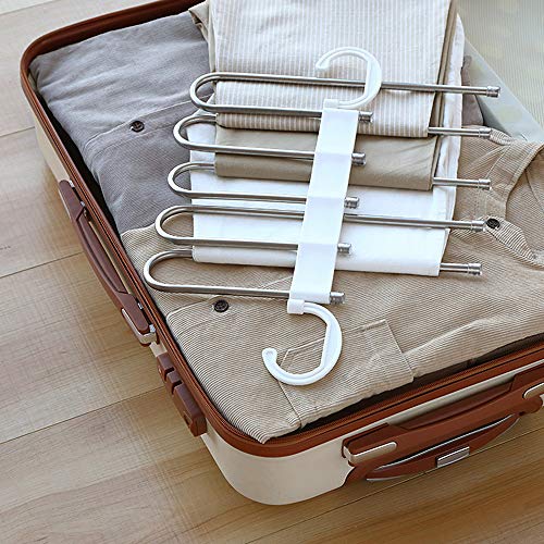 WAOU Massy Pants Hangers Multi-Layer Hanging Pants 5 in 1 Pants Rack Stainless Steel Pants Hangers Folding Storage Rack Space Saver Storage for Trousers Scarf Tie Belt Adjustable(2 Pack)