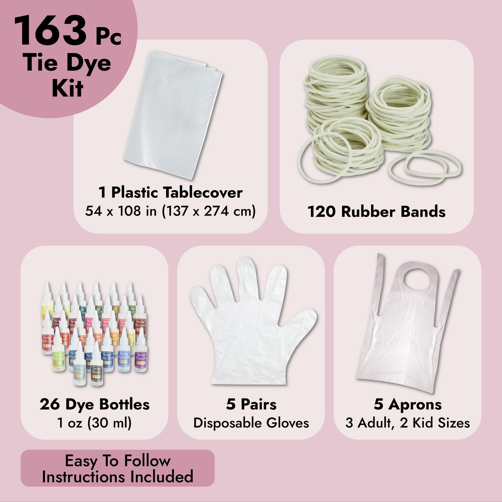 Bright Creations 26-Color Tie Dye Kit for Adults, Kids - Fabric Dyes for Clothing with Instructions, Table Cover, Rubber Bands, Gloves, and Aprons